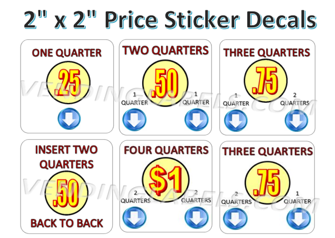 PRICE Stickers for Vending Machines 2" x 2" Avail- .50, .75, $1 ...