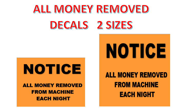 MONEY REMOVED CRANE CLAW SODA SNACK ATM Sticker Label for Vending Mach ...